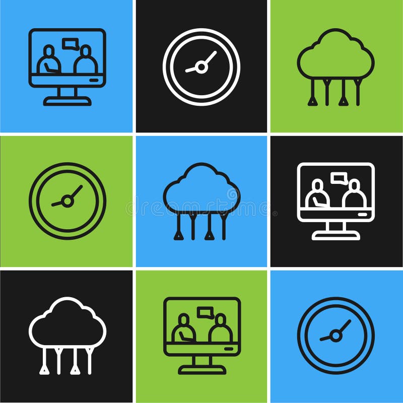 Set Line Online Education, Network Cloud Connection and Clock Icon ...