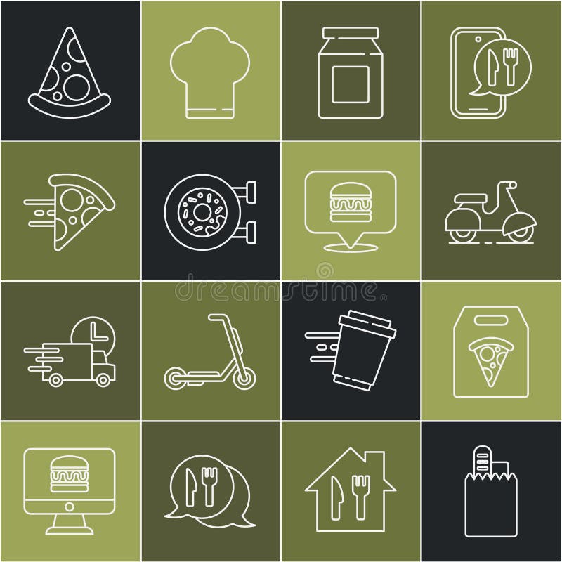 Set Line Online Ordering and Delivery, Pizza, Scooter, Donut, Slice of ...