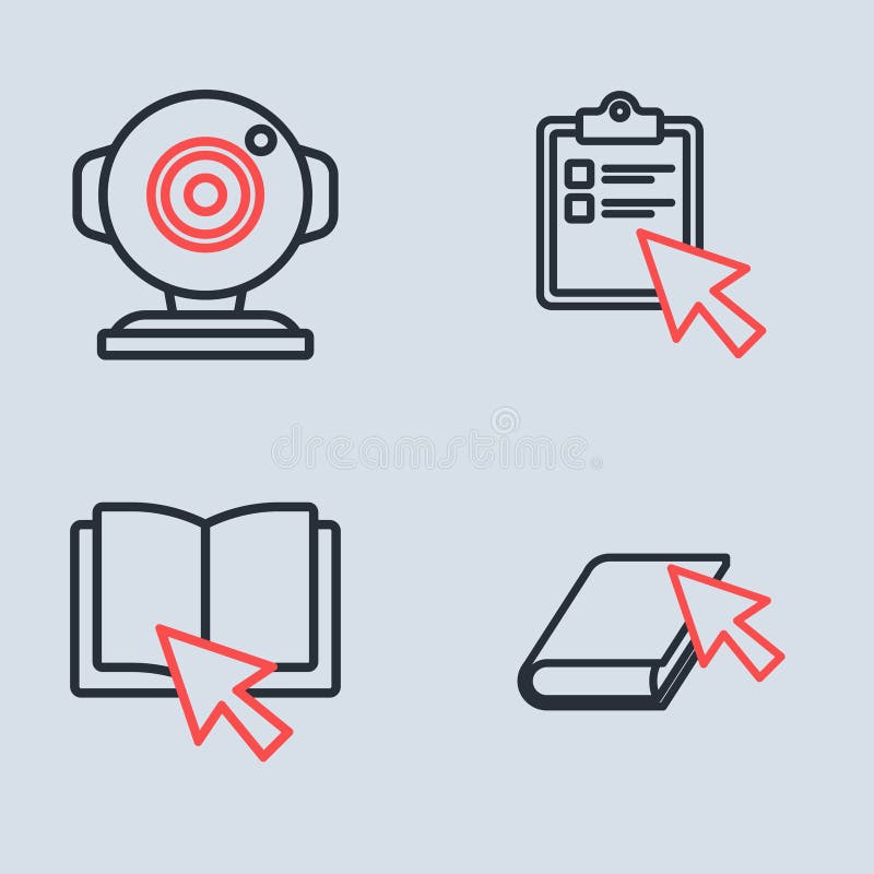 Set Line Online Quiz, Test, Survey, Book, and Web Camera Icon. Vector ...