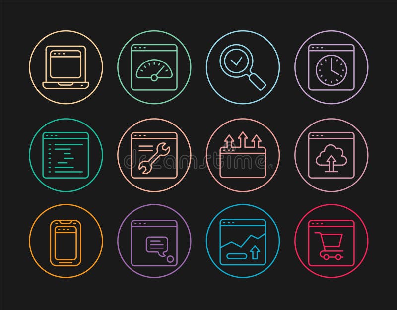 Set Line Online Shopping on Screen, Cloud Upload, Magnifying Glass with ...