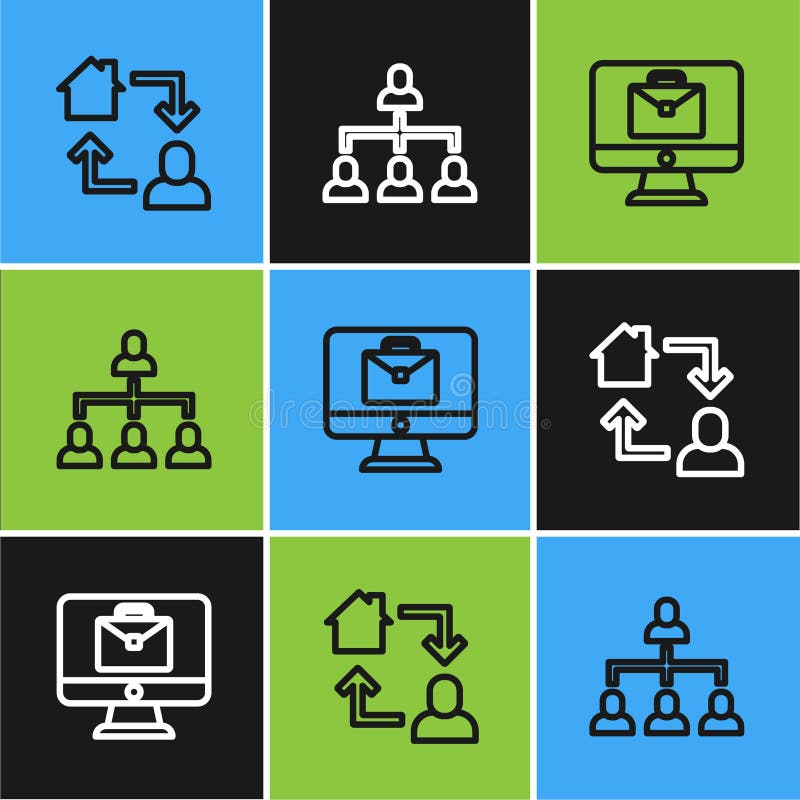 Set Line Online Working, and Hierarchy Organogram Chart Icon. Vector ...