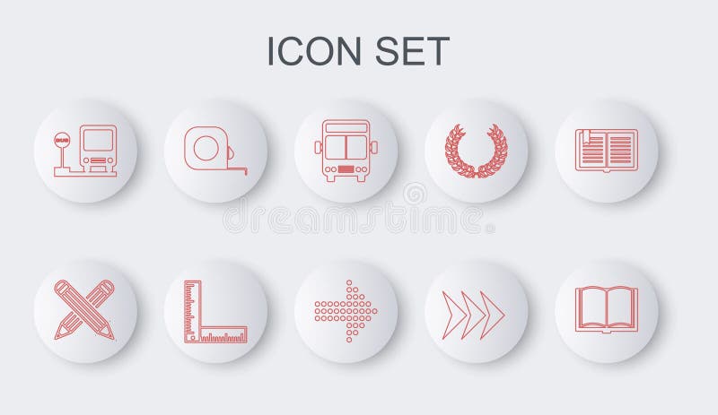 Set Line Open Book, Crossed Pencil, Bus, Arrow, Stop, Roulette ...