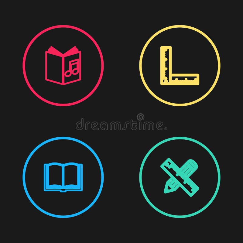 Set Line Open Book, Crossed Ruler and Pencil, Folding and Audio Icon ... Set Line Open Book, Crossed Ruler and Pencil, Folding and Audio Icon ...