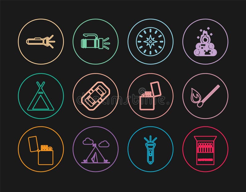 Set Line Open Matchbox and Matches, Burning with Fire, Compass, Rafting ...