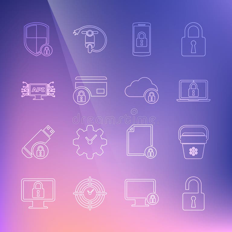 Set Line Open Padlock, Cooler Bag, Laptop and, Smartphone with, Credit Card, Computer Api ...