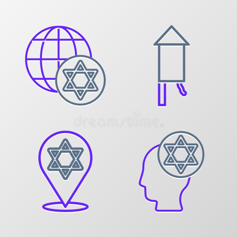 Set Line Orthodox Jewish Hat, Star of David, Firework Rocket and World ...