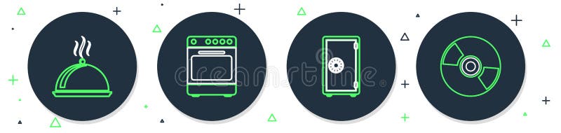 Set Line Oven, Safe, Covered with Tray of Food and CD or DVD Disk Icon ...