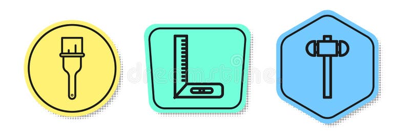 Set Line Paint Brush, Corner Ruler and Sledgehammer. Colored Shapes ...