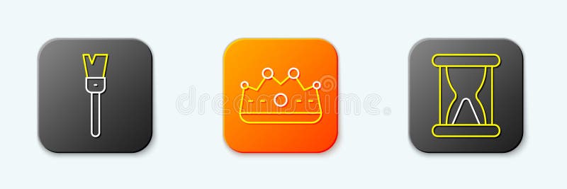 Set Line Paint Brush, King Crown and Old Hourglass with Sand Icon ...