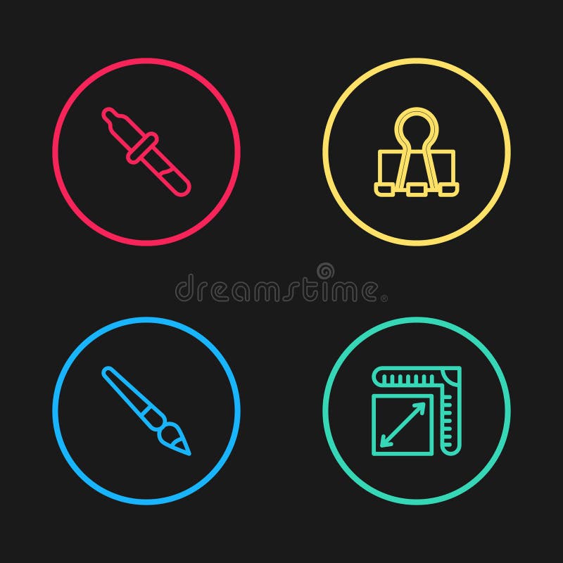 Set Line Paint Brush, Paper Size, Binder Clip and Pipette Icon. Vector ...
