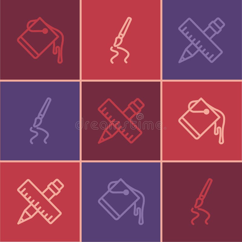 Set Line Paint Bucket, Crossed Ruler and Pencil and Brush Icon. Vector ...