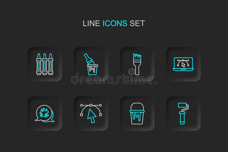 Set Line Paint Roller Brush, Bucket, Bezier Curve, Spray, Computer with ... Set Line Paint Roller Brush, Bucket, Bezier Curve, Spray, Computer with ...