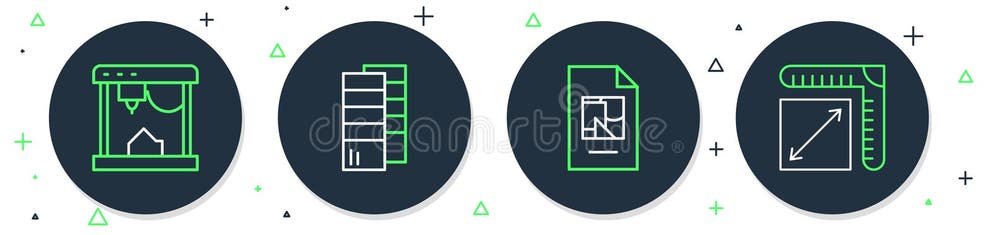 Set Line Pantone, File Document, 3D Printer and Paper Size Icon. Vector ...