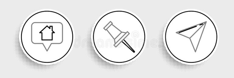 Set Line Paper Airplane, Map Pointer with House and Push Pin Icon ...