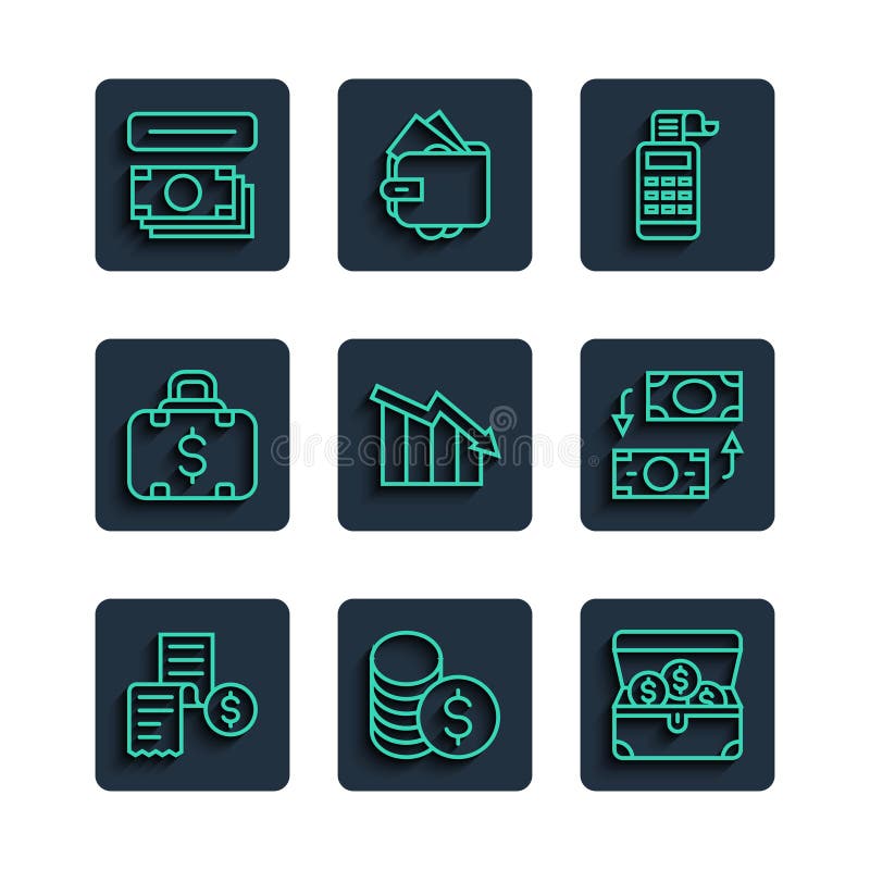 Set Line Paper or Financial Check, Coin Money with Dollar, Treasure Chest, Cash Register Machine ...