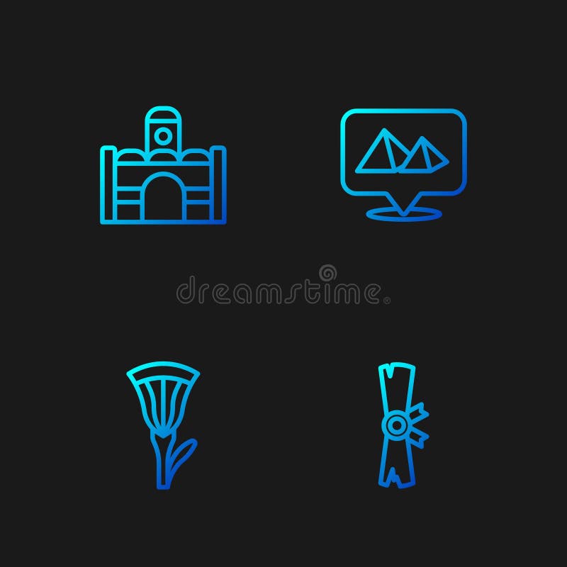 Set Line Papyrus Scroll, Egyptian Lotus, House and Pyramids. Gradient ...
