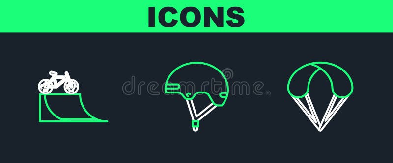Set Line Parachute, Bicycle on Street Ramp and Helmet Icon. Vector ...