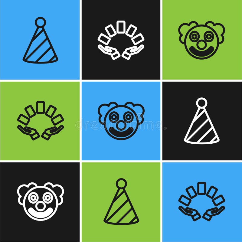 Set Line Party Hat, Clown Head and Hand Holding Playing Cards Icon ...