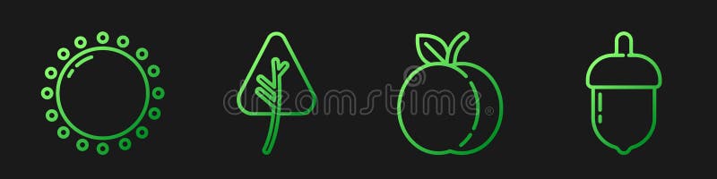 Set Line Peach Fruit, Sun, Leaf or Leaves and Acorn. Gradient Color ...