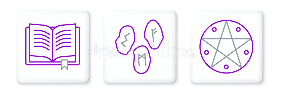 Set Line Pentagram in a Circle, Ancient Magic Book and Magic Runes Icon ...