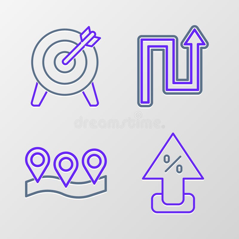 Set Line Percent Up Arrow, Location, Arrow and Target Icon. Vector ...