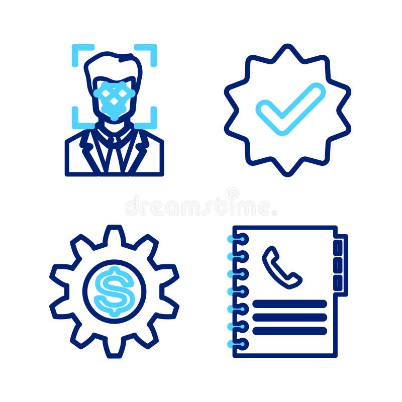 Set Line Phone Book, Gear with Dollar Symbol, Approved and Check Mark ...