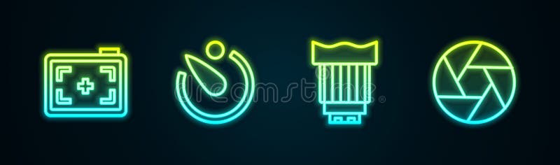 Set Line Photo Camera, Camera Timer, Photo Lens and Shutter. Glowing ...