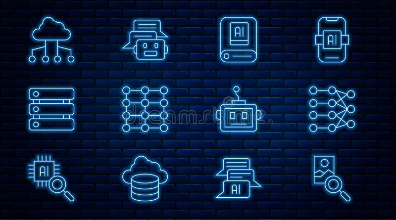 Set Line Photo Retouching, Neural Network, Artificial Intelligence AI, Server, Data, Network ...