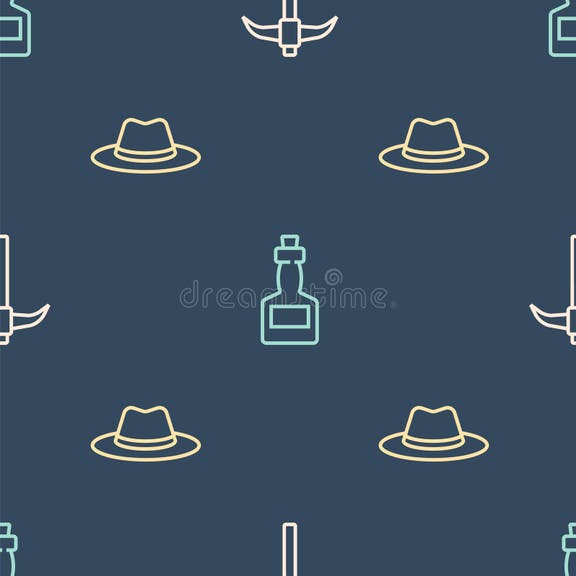 Set Line Pickaxe, Western Cowboy Hat and Tabasco Sauce on Seamless ...