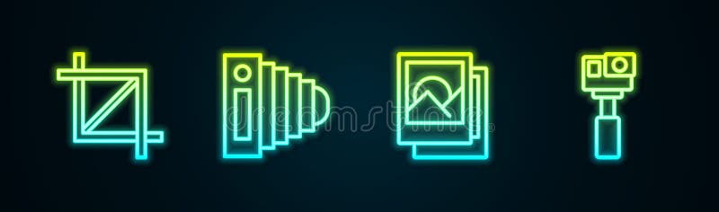 Set Line Picture Crop Photo, Photo Camera, Frame and Action. Glowing ...