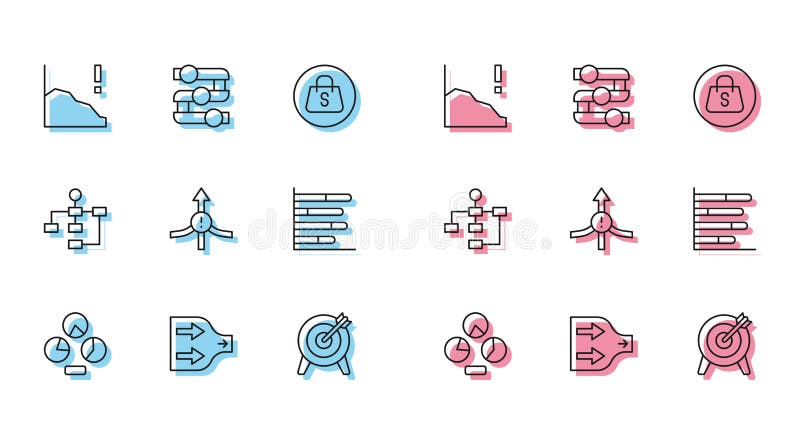 Set Line Pie Chart Infographic, Arrow, Financial Growth Decrease, Target, Hierarchy Organogram ...