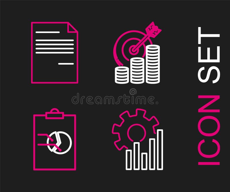 Set Line Pie Chart Infographic, Clipboard with, Target Coin Symbol and ... Set Line Pie Chart Infographic, Clipboard with, Target Coin Symbol and ...