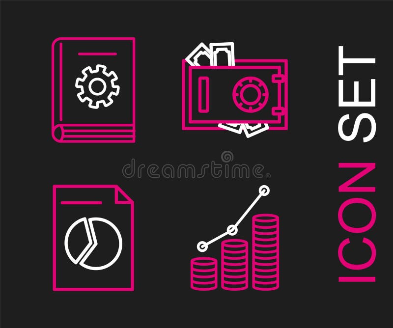 Set Line Pie Chart Infographic and Coin, Document with, Safe Money and ...