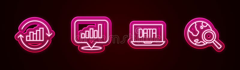 Set Line Pie Chart Infographic, Data Analysis and Search Globe. Glowing Neon Icon. Vector Stock ...