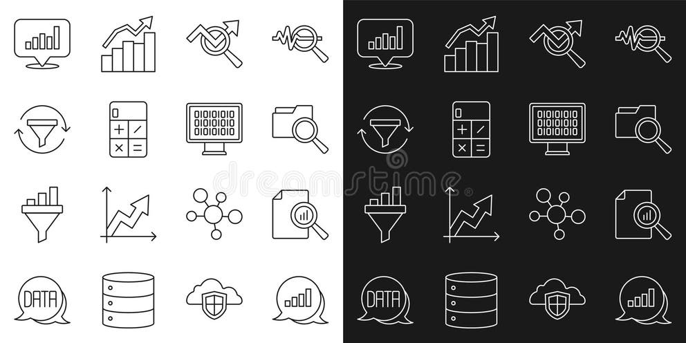 Set Line Pie Chart Infographic, Document with, Search Folder, Data Analysis, Calculator, Sales ...