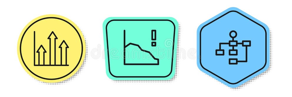 Set Line Pie Chart Infographic, Financial Growth Decrease and Hierarchy Organogram. Colored ...