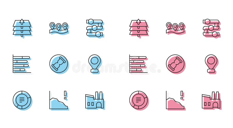 Set Line Pie Chart Infographic, Financial Growth Decrease, Layers, Factory, Old Hourglass with ...