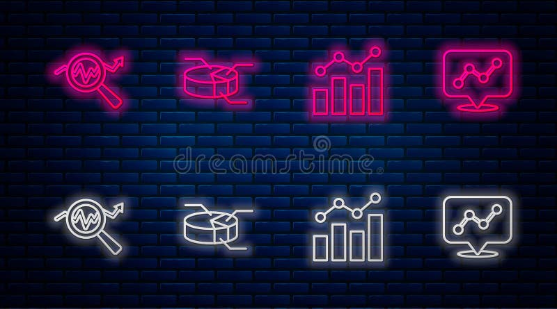 Set Line Pie Chart Infographic, Financial Growth, Search Data Analysis and Graph. Glowing Neon ...
