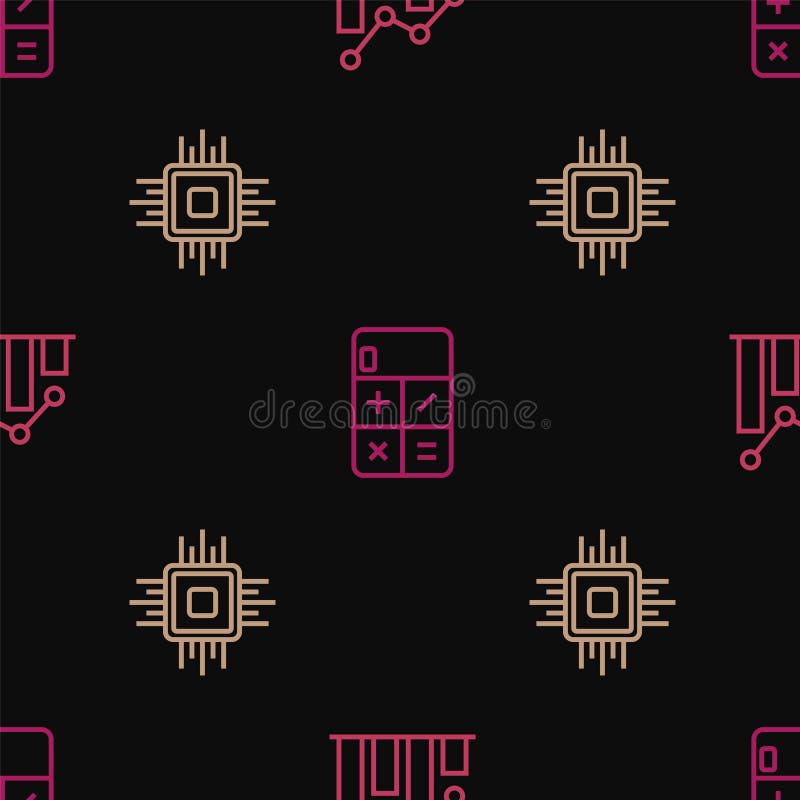 Set Line Pie Chart Infographic, Processor CPU and Calculator on Seamless Pattern. Vector Stock ...