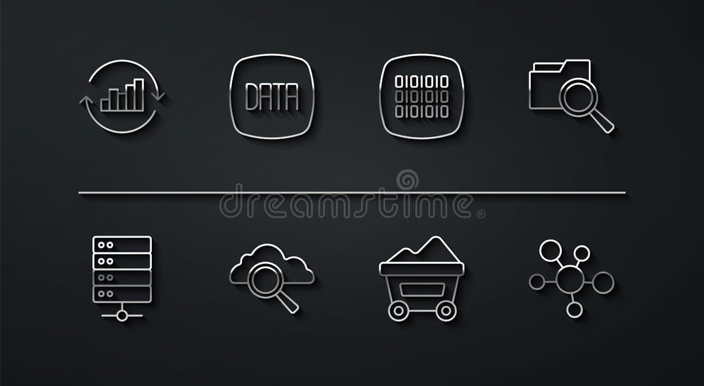 Set Line Pie Chart Infographic, Server, Search with Folder, Coal Mine Trolley, Cloud Computing ...