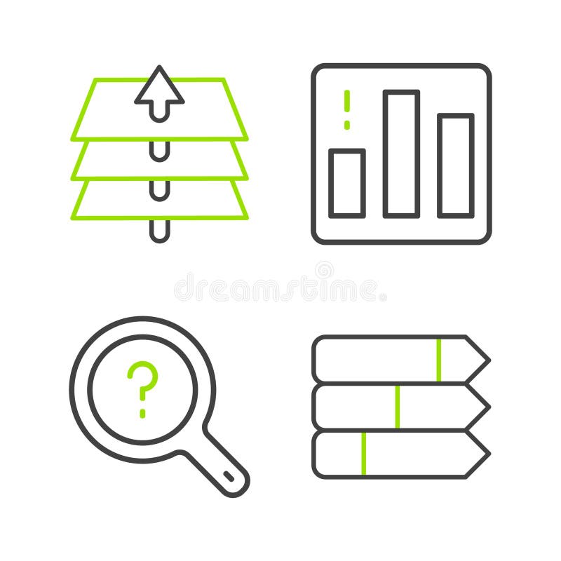 Set Line Pie Chart Infographic, Unknown Search, and Layers Icon. Vector ...