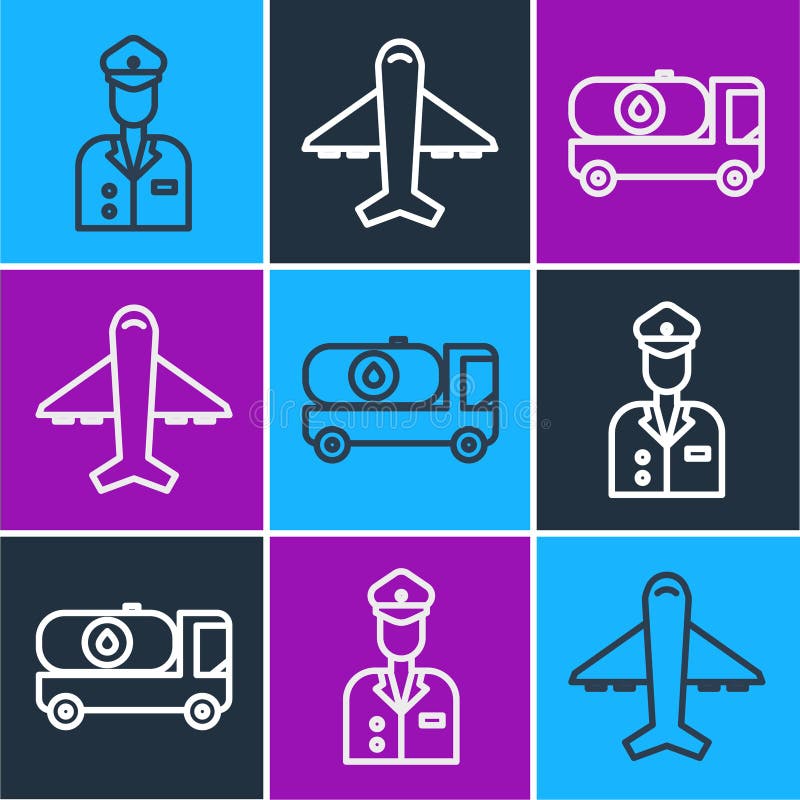Set Line Pilot, Fuel Tanker Truck and Plane Icon. Vector Stock Vector ...