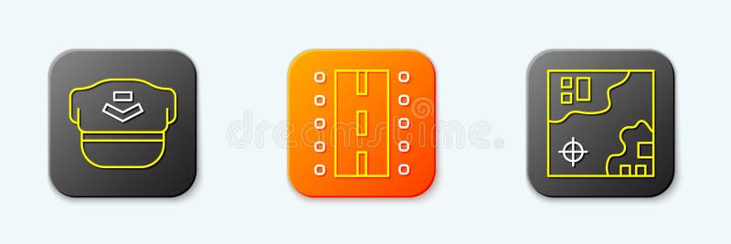 Set Line Pilot Hat, Airport Runway and World Travel Map Icon. Vector ...