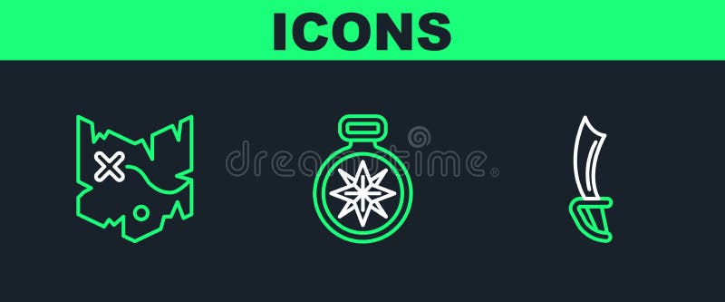 Set Line Pirate Sword, Treasure Map and Compass Icon. Vector Stock ...