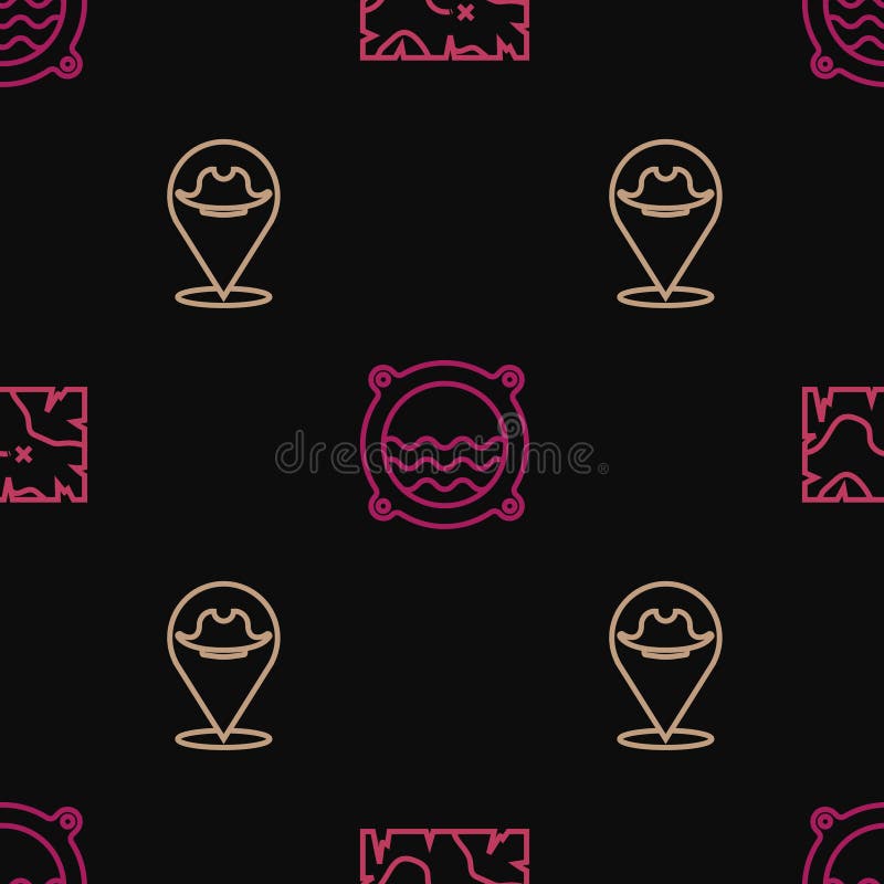 Set Line Pirate Treasure Map, Location Pirate and Ship Porthole with ...