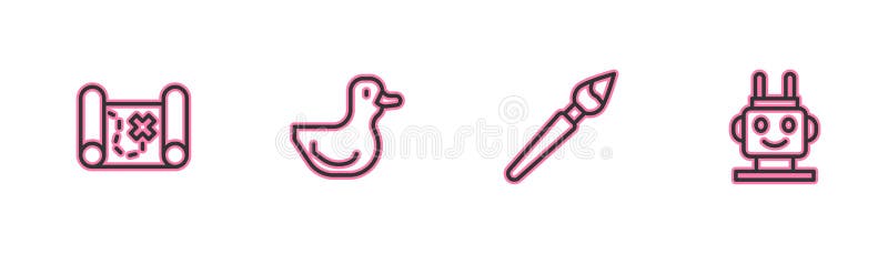 Set Line Pirate Treasure Map, Paint Brush, Rubber Duck and Robot Toy ...