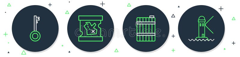 Set Line Pirate Treasure Map, Wooden Barrel, Key and Lighthouse Icon ...