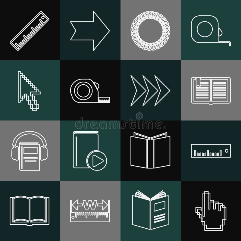 Set Line Pixel Hand Cursor, Ruler, Open Book, Laurel Wreath, Roulette ...