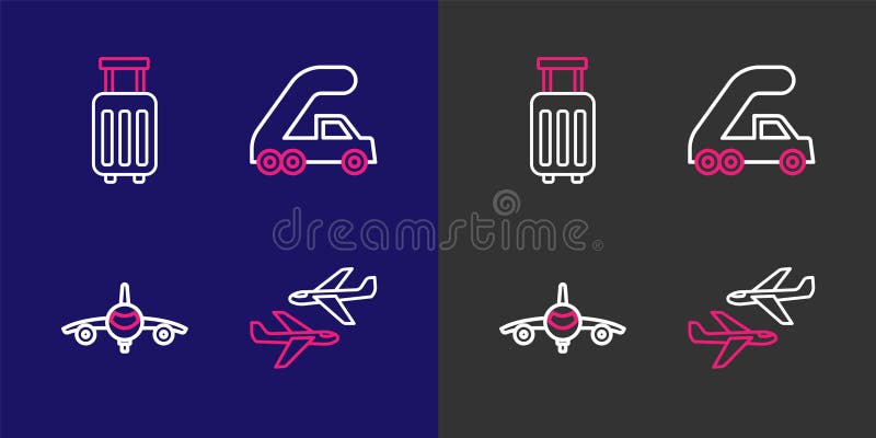 Set Line Plane, Passenger Ladder for Plane Boarding and Suitcase Icon ...