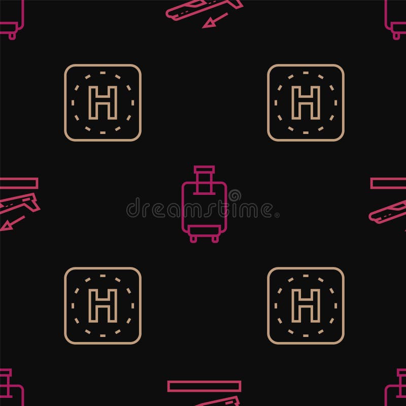 Set Line Plane Takeoff, Helicopter Landing Pad and Suitcase on Seamless ...